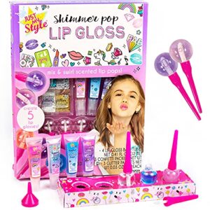 just my style shimmer pop lip gloss, create 5 lollipop-shaped lip glosses, includes funnel, empty lip gloss containers, sweet lip gloss base, body glitter & more, diy lip gloss, multi (208316j)