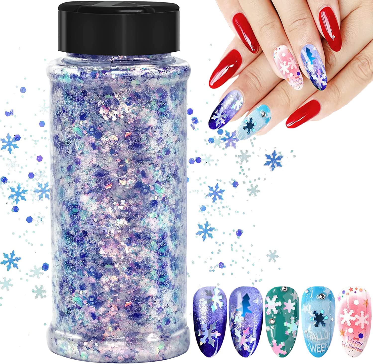 Christmas Glitter, 100g Cosmetic Craft Holographic Glitter for Epoxy Resin, Laser Snowflake Christmas Tree Flakes for Nails, Face, Make Up, Body, Tumblers, Chunky Glitter Festival Decor（SD-07）