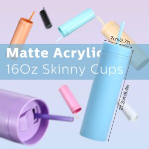 Skinny Tumblers Cups Set Matte Pastel Colored Acrylic Tumblers with Lids Straw and Straw Cleaner DIY Vinyl Gifts Reusable Cup for Cold Hot Drinks Tumblers Bulk, 16 oz (Lid with Slider)