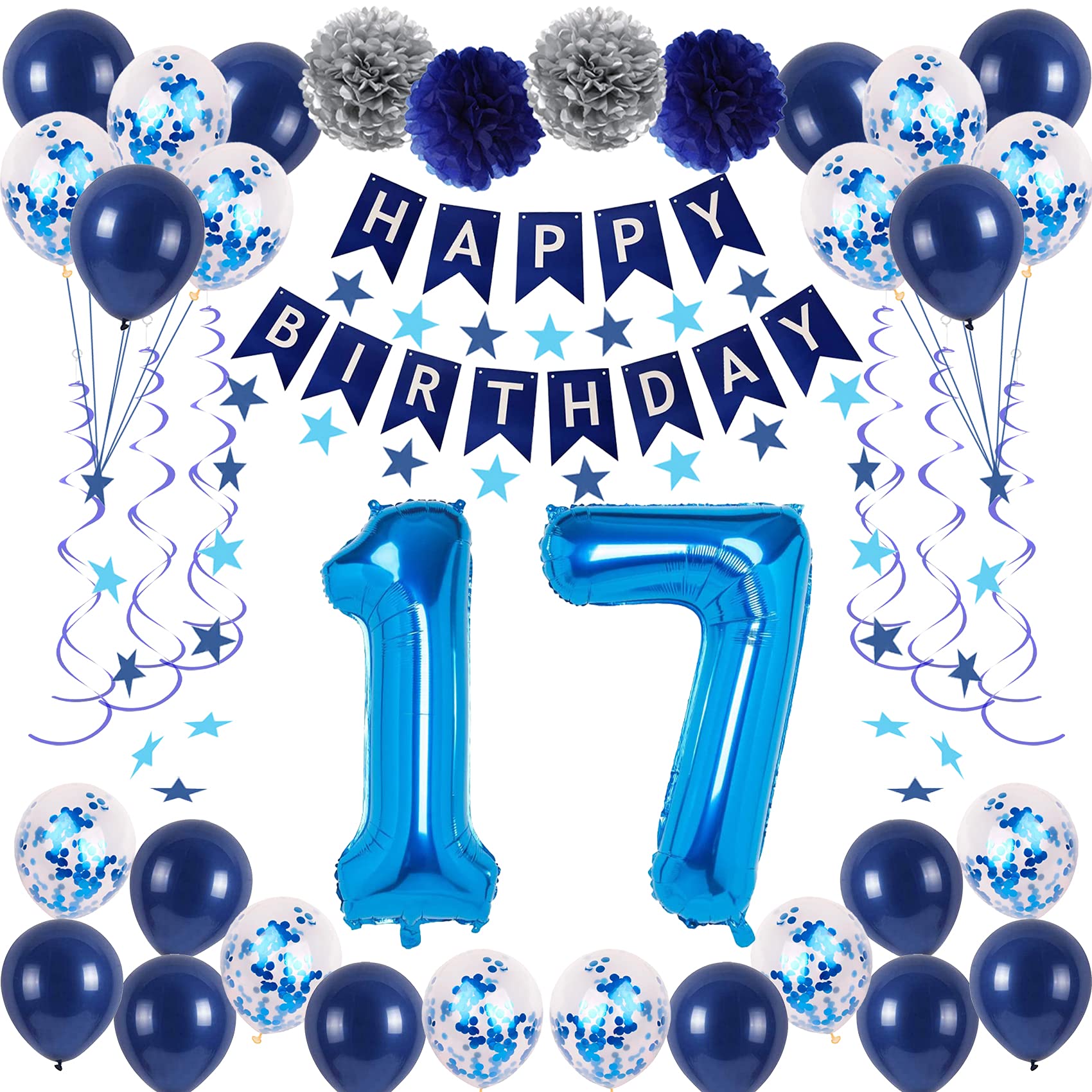 NANINUNENO 17th Blue Birthday Party Decorations for Boy Girl Men Women, Happy 17 Birthday Balloons Supplies with Happy Birthday Banner,17 Number Balloons, Blue Star Streamers, Hanging Swirls