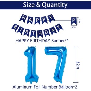 NANINUNENO 17th Blue Birthday Party Decorations for Boy Girl Men Women, Happy 17 Birthday Balloons Supplies with Happy Birthday Banner,17 Number Balloons, Blue Star Streamers, Hanging Swirls