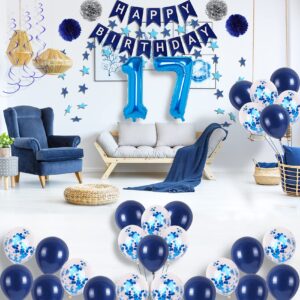 NANINUNENO 17th Blue Birthday Party Decorations for Boy Girl Men Women, Happy 17 Birthday Balloons Supplies with Happy Birthday Banner,17 Number Balloons, Blue Star Streamers, Hanging Swirls