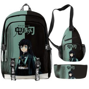 handafa unisex nezuko print backpack set manga cosplay 3pcs bag shoulder bag pencilbag set(muichirou)