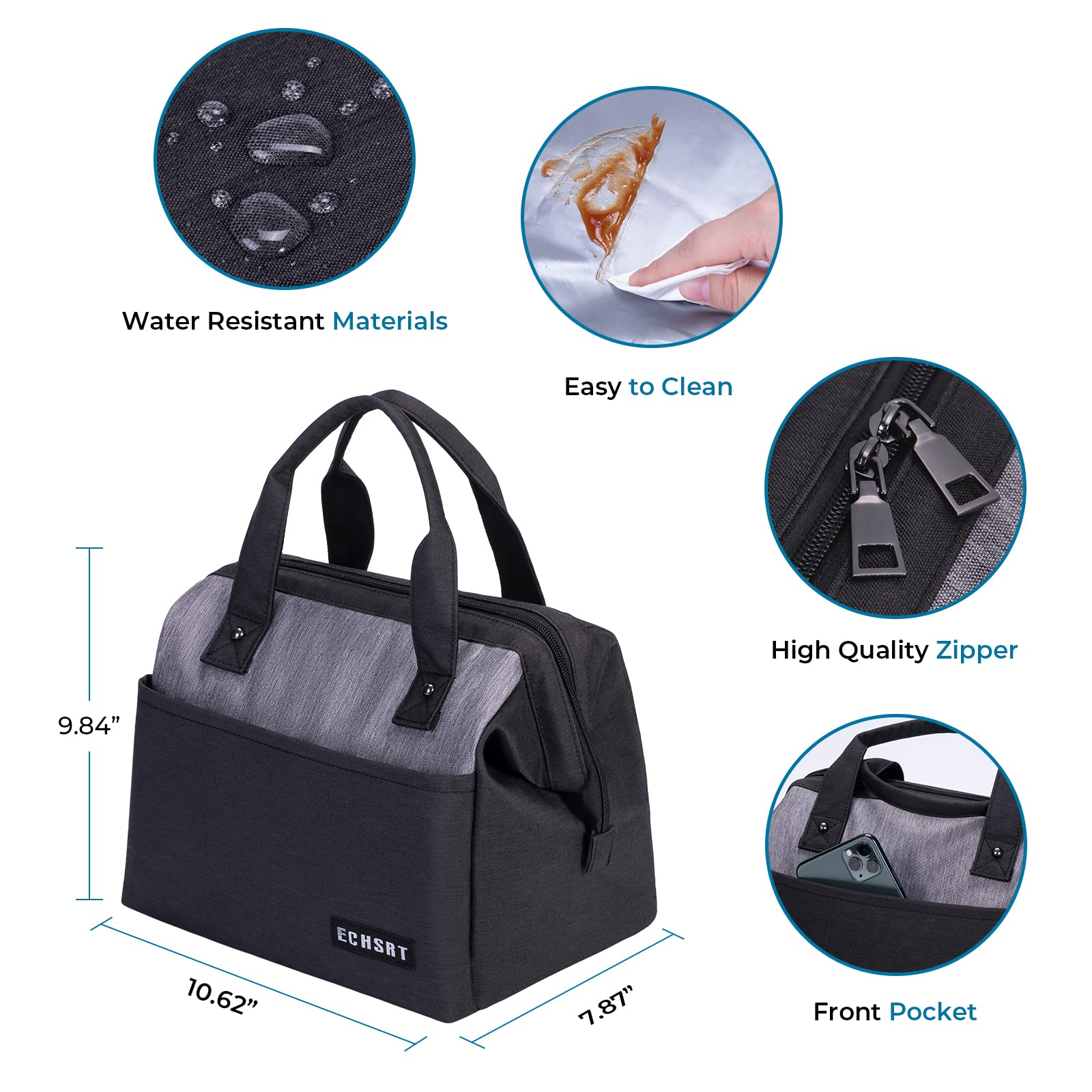 Large Insulated Lunch Bag for Women Men Leakproof Lunch Tote Bags Cooler Bag for Work Travel Adult Thermal Lunch Bags for Office -10L Lunchbox - Black