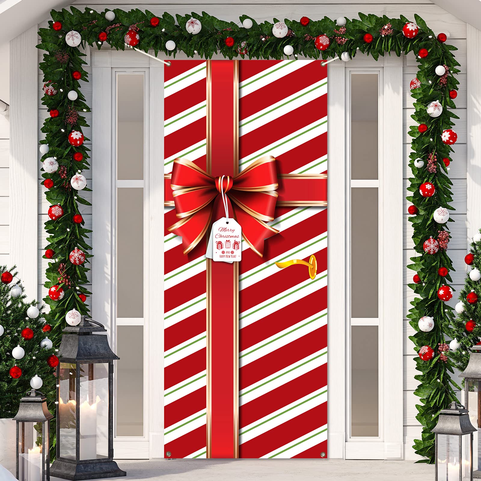 Christmas Door Cover Decoration Merry Box Bowknot Photography Backdrop Outdoor Sign for Home Wall Indoor Outdoor Party 35.4''×78.7''(Red)