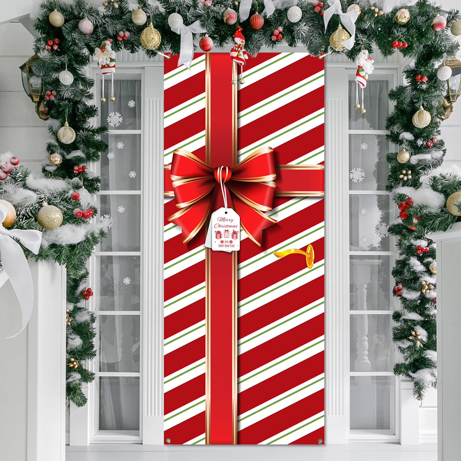 Christmas Door Cover Decoration Merry Box Bowknot Photography Backdrop Outdoor Sign for Home Wall Indoor Outdoor Party 35.4''×78.7''(Red)