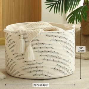 KAKAMAY Large Cotton Rope Blanket Basket (20"x13"),Woven Baby Laundry Hamper，Blanket Basket for Nursery, Laundry, Living Room, Pillows, Toys Dotted Pattern（White）