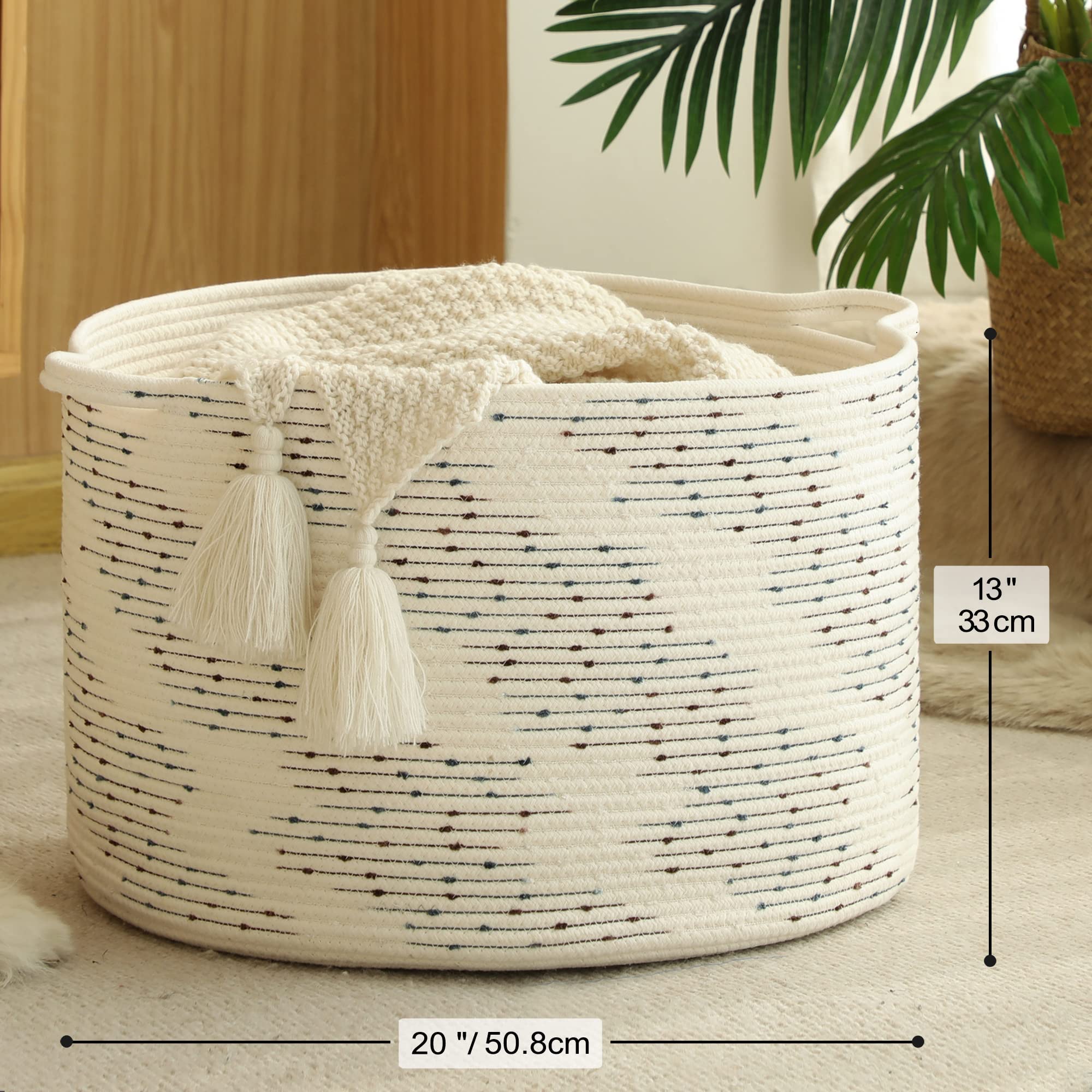 KAKAMAY Large Cotton Rope Blanket Basket (20"x13"),Woven Baby Laundry Hamper，Blanket Basket for Nursery, Laundry, Living Room, Pillows, Toys Dotted Pattern（White）