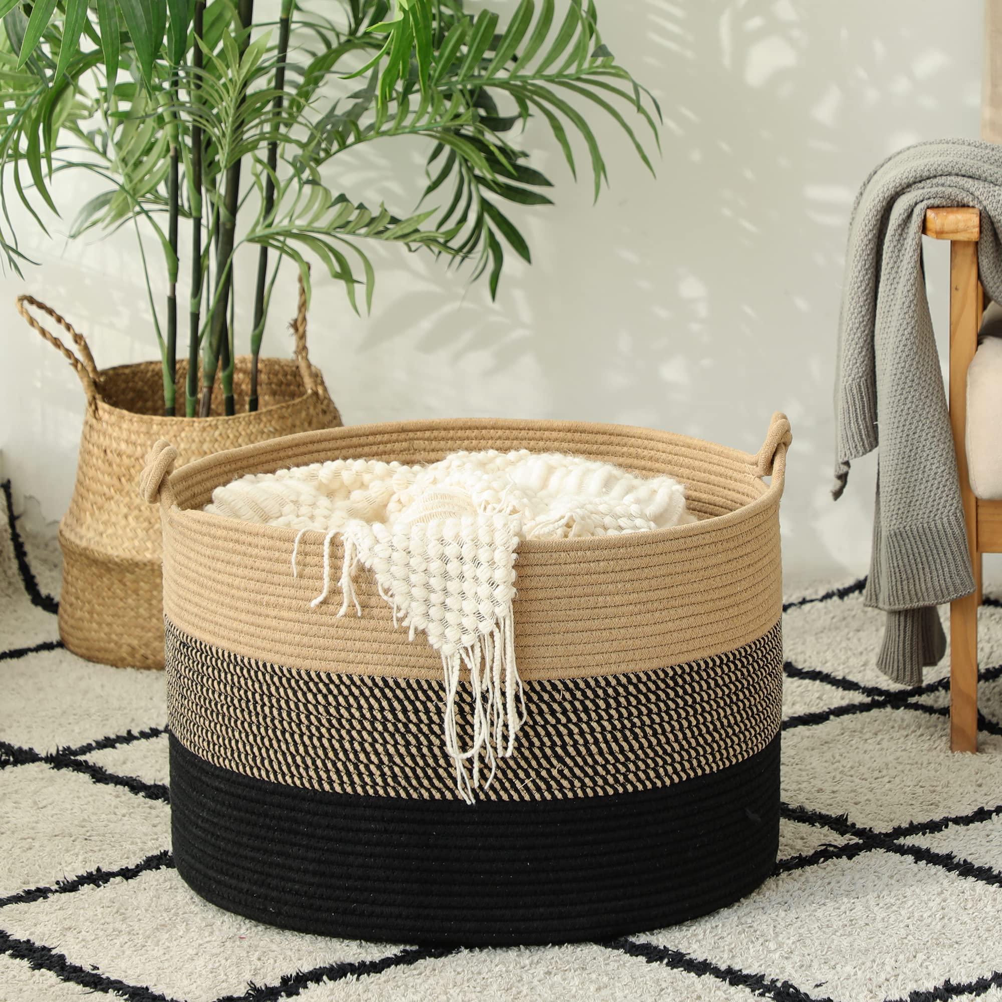 KAKAMAY Large Cotton Rope Blanket Basket (20"x13"),Woven Baby Laundry Hamper，Blanket Basket for Nursery, Laundry, Living Room, Pillows, Toys Dotted Pattern（White）