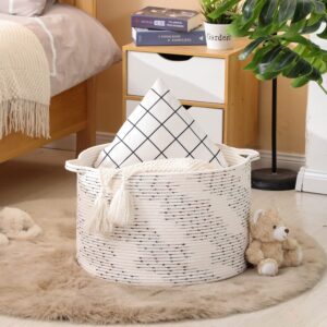 KAKAMAY Large Cotton Rope Blanket Basket (20"x13"),Woven Baby Laundry Hamper，Blanket Basket for Nursery, Laundry, Living Room, Pillows, Toys Dotted Pattern（White）