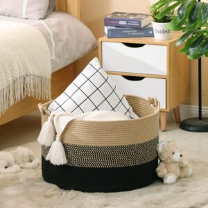 KAKAMAY Large Cotton Rope Blanket Basket (20"x13"),Woven Baby Laundry Hamper，Blanket Basket for Nursery, Laundry, Living Room, Pillows, Toys Dotted Pattern（White）