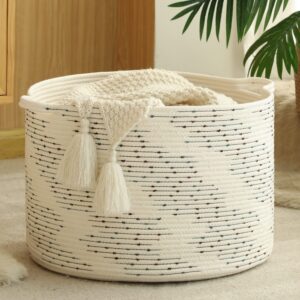 KAKAMAY Large Cotton Rope Blanket Basket (20"x13"),Woven Baby Laundry Hamper，Blanket Basket for Nursery, Laundry, Living Room, Pillows, Toys Dotted Pattern（White）