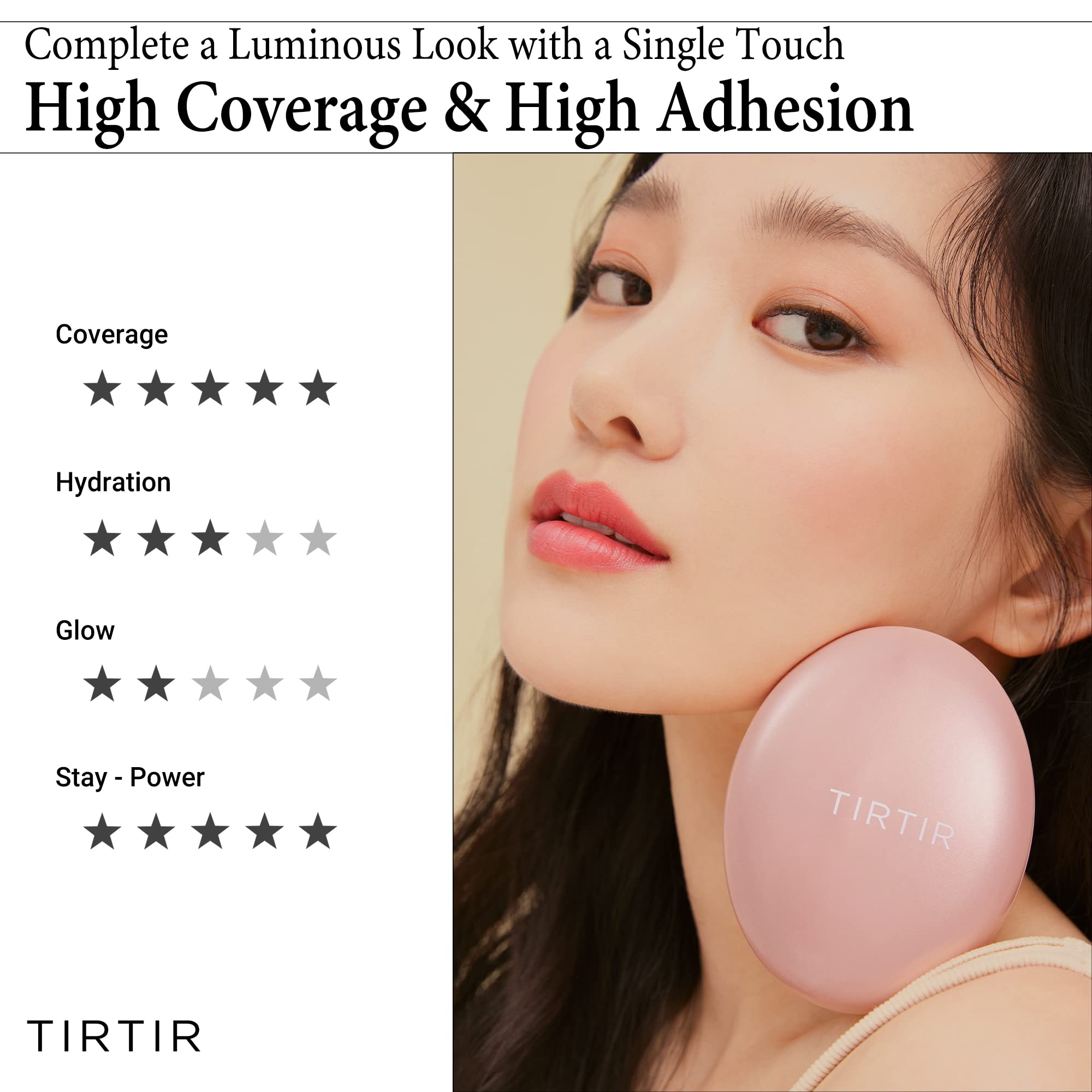 TIRTIR Mask Fit All Cover Pink Cushion Foundation | High Coverage, Semi-Matte Finish, Lightweight, Flawless, Corrects Redness, Korean Cushion, Pack of 1 (0.63 oz.), 21N Ivory