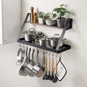 kes hanging pot rack wall mounted for kitchen with wooden shelf 30-inch pan rack pot and pan organizer with 12 hooks matte black, kur503s75-bk