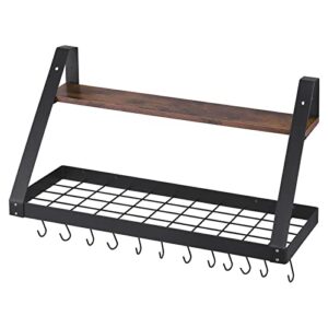 KES Hanging Pot Rack Wall Mounted for Kitchen with Wooden Shelf 30-Inch Pan Rack Pot and Pan Organizer with 12 Hooks Matte Black, KUR503S75-BK