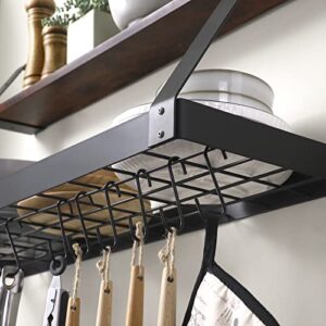 KES Hanging Pot Rack Wall Mounted for Kitchen with Wooden Shelf 30-Inch Pan Rack Pot and Pan Organizer with 12 Hooks Matte Black, KUR503S75-BK