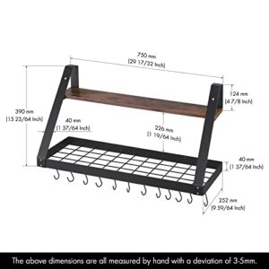 KES Hanging Pot Rack Wall Mounted for Kitchen with Wooden Shelf 30-Inch Pan Rack Pot and Pan Organizer with 12 Hooks Matte Black, KUR503S75-BK