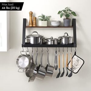 KES Hanging Pot Rack Wall Mounted for Kitchen with Wooden Shelf 30-Inch Pan Rack Pot and Pan Organizer with 12 Hooks Matte Black, KUR503S75-BK