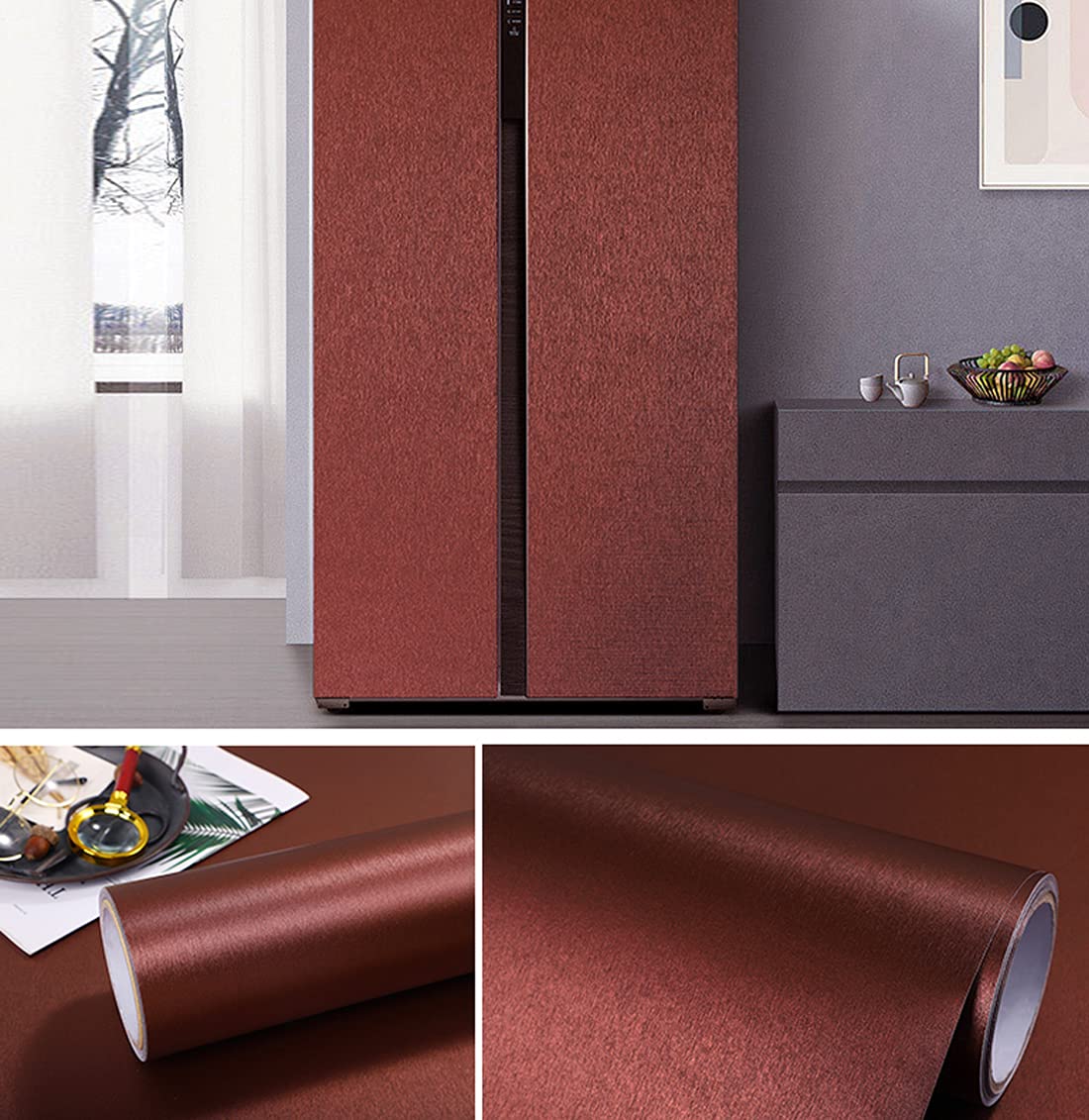 Maroon Metal Contact Paper 16" x 117" Peel and Stick Brushed Film Drawer Countertop Sticker Self Adhesive Shelf Paper Drawer Liner