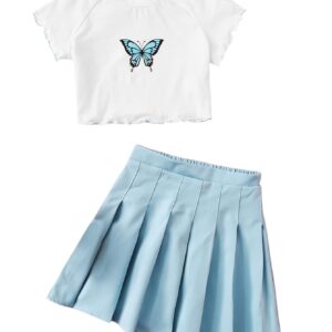 SOLY HUX Girl's Butterfly Print Short Sleeve Tee Top and Pleated Skirt Set 2 Piece Outfits White Blue 11-12Y