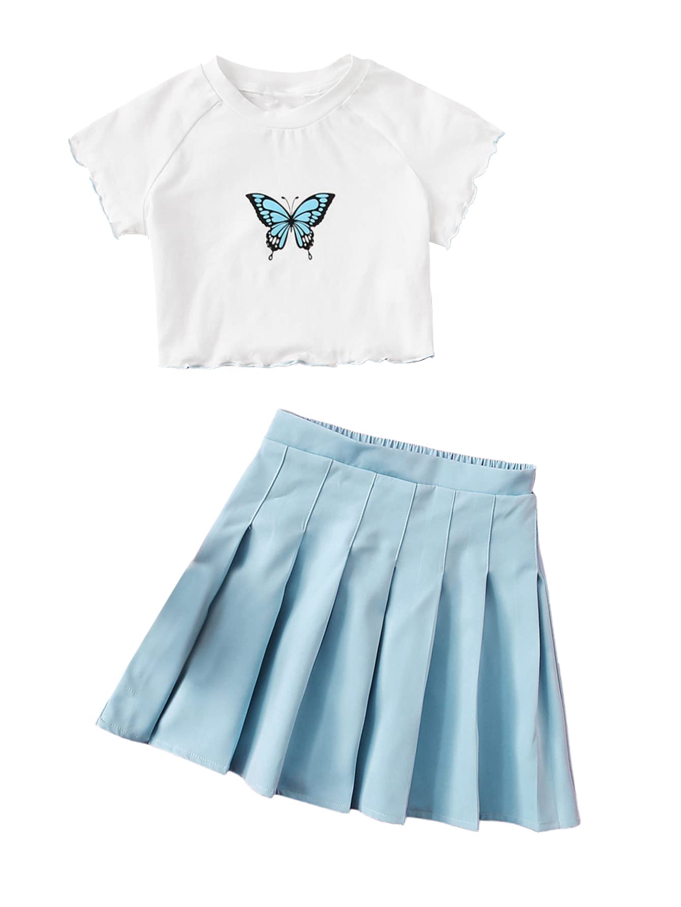 SOLY HUX Girl's Butterfly Print Short Sleeve Tee Top and Pleated Skirt Set 2 Piece Outfits White Blue 11-12Y