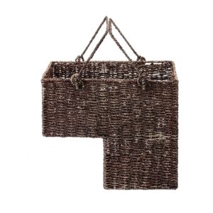 villacera 14-inch wicker stair case basket with handles | handmade woven seagrass in brow