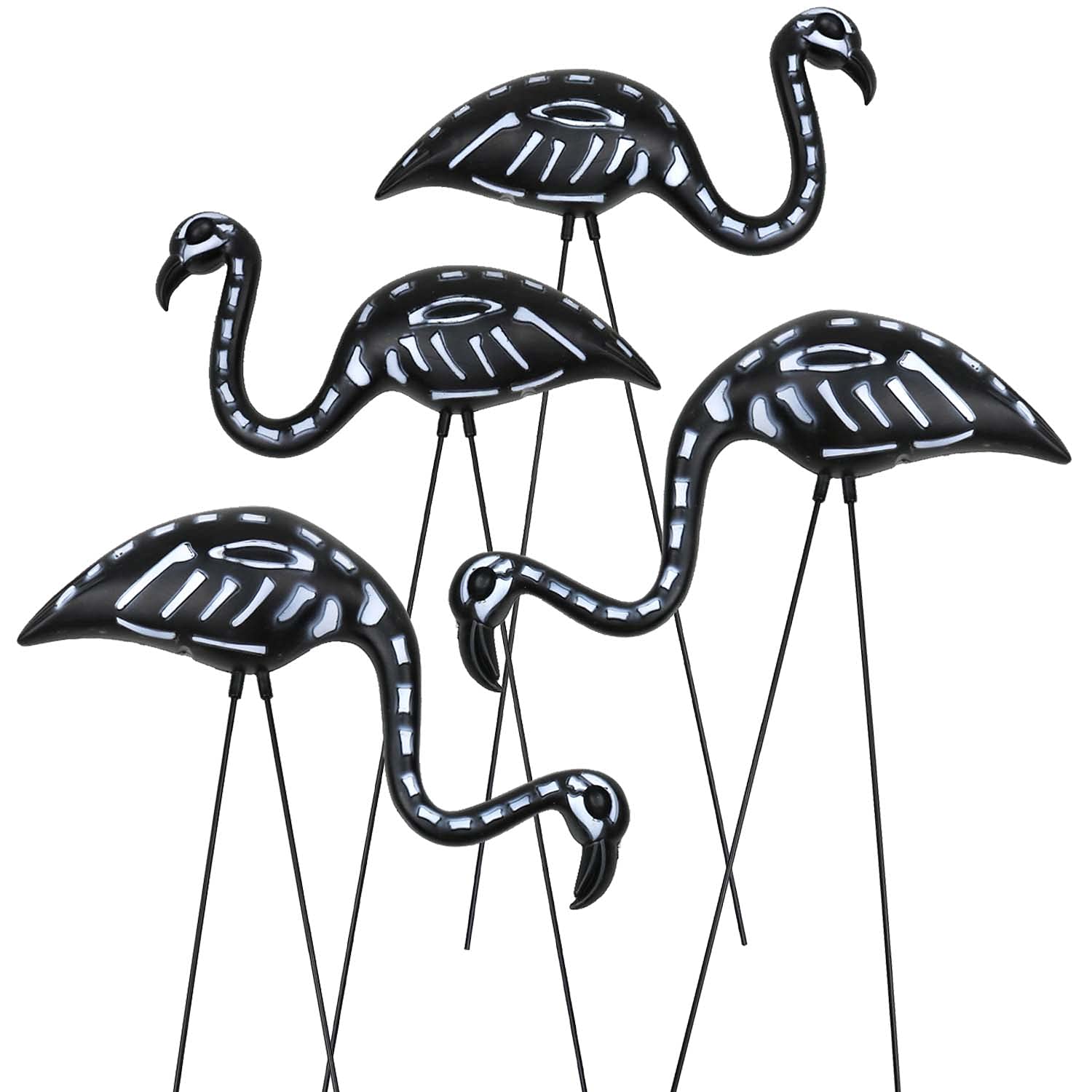 GiftExpress 4-Pack Small Halloween Flamingo, Black Flamingo Skeleton, Zombie Flamingos, Skull Flamingo with Stakes for Halloween Lawn Ornaments, Spooky Graveyard Decorations