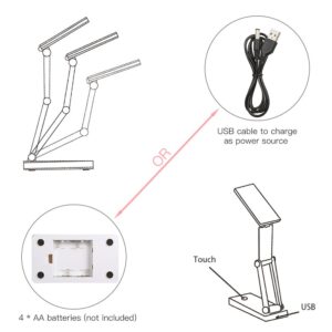 LED Table Lamp Portable Folding 24 Desk Light, Port 4 * AA Batteries Powered Operated with Sensitive Touch Control 3 Levels Adjustable Brightness Dimmable USB Charging for Students Reading Working