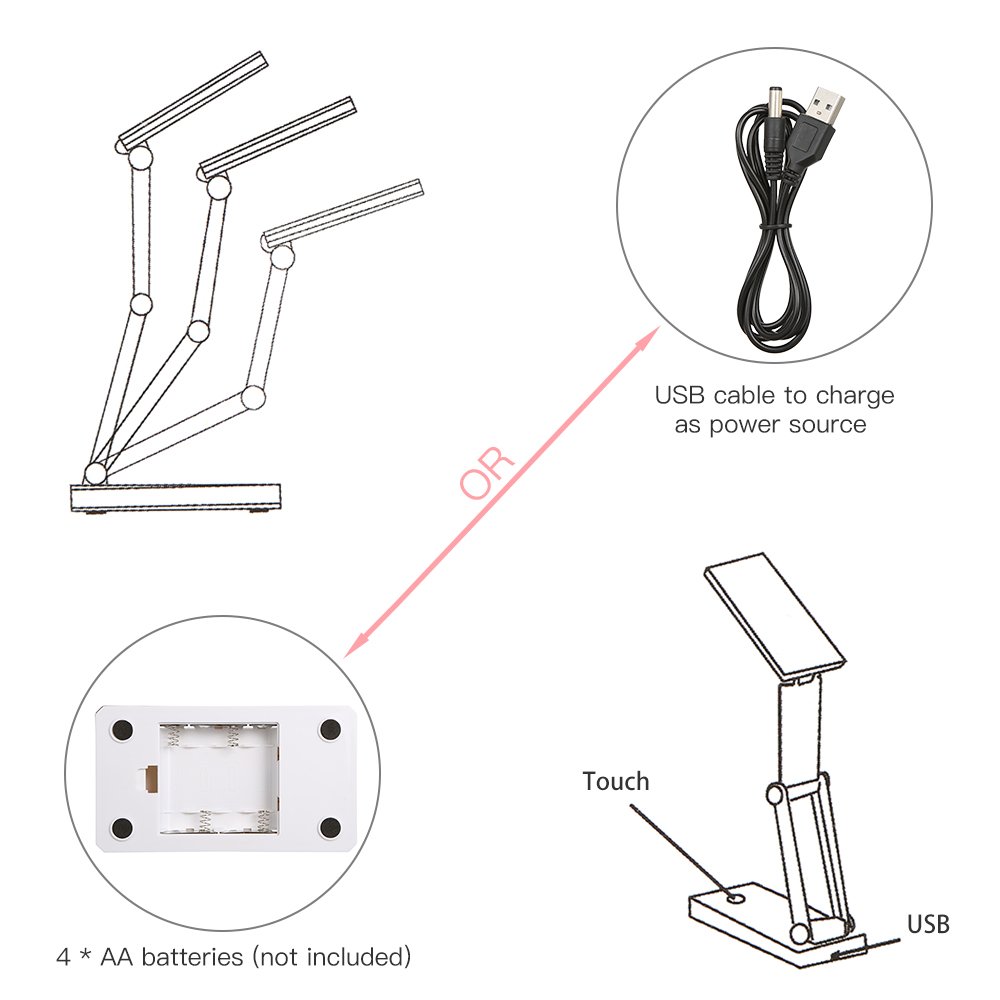 LED Table Lamp Portable Folding 24 Desk Light, Port 4 * AA Batteries Powered Operated with Sensitive Touch Control 3 Levels Adjustable Brightness Dimmable USB Charging for Students Reading Working