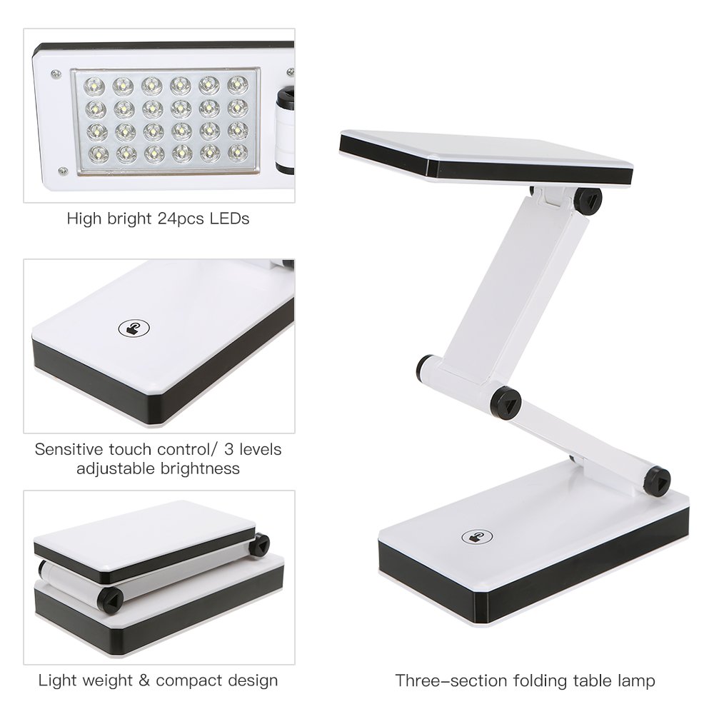 LED Table Lamp Portable Folding 24 Desk Light, Port 4 * AA Batteries Powered Operated with Sensitive Touch Control 3 Levels Adjustable Brightness Dimmable USB Charging for Students Reading Working