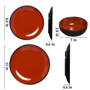 TP Dinnerware Sets Service for 6, Melamine Dinner Plates and Bowls Set, 18-Piece Dishes Set (Red & Black)