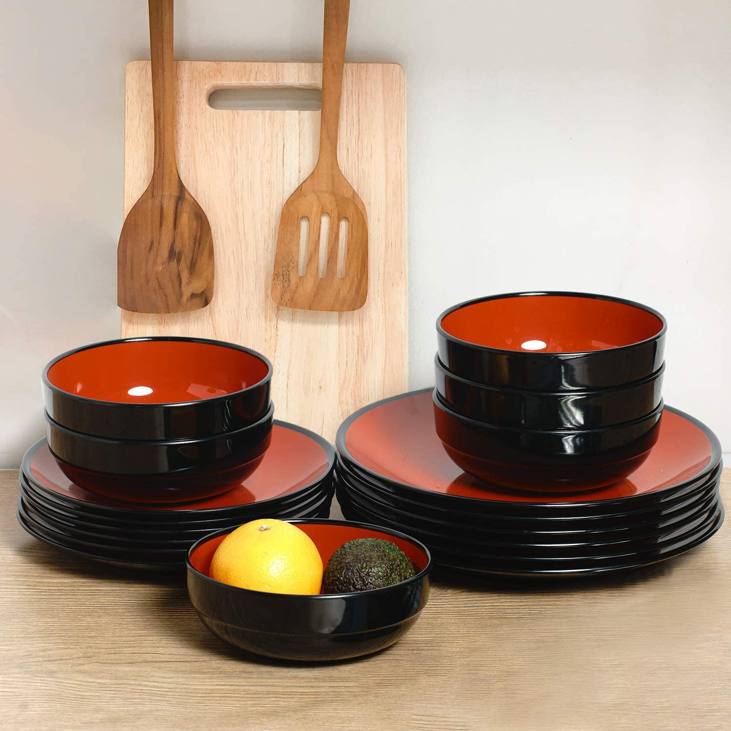 TP Dinnerware Sets Service for 6, Melamine Dinner Plates and Bowls Set, 18-Piece Dishes Set (Red & Black)