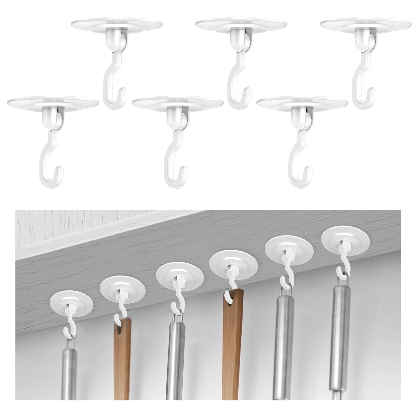 Adhesive Hooks Hanging Ceiling & Wall: Heavy Duty Damage-Free No-Drill Removable Self-Stick Wall Hook 6Pack White Hanger Plants Lights Bags Towels Clothes for Doors Cabinets Showers Bathrooms