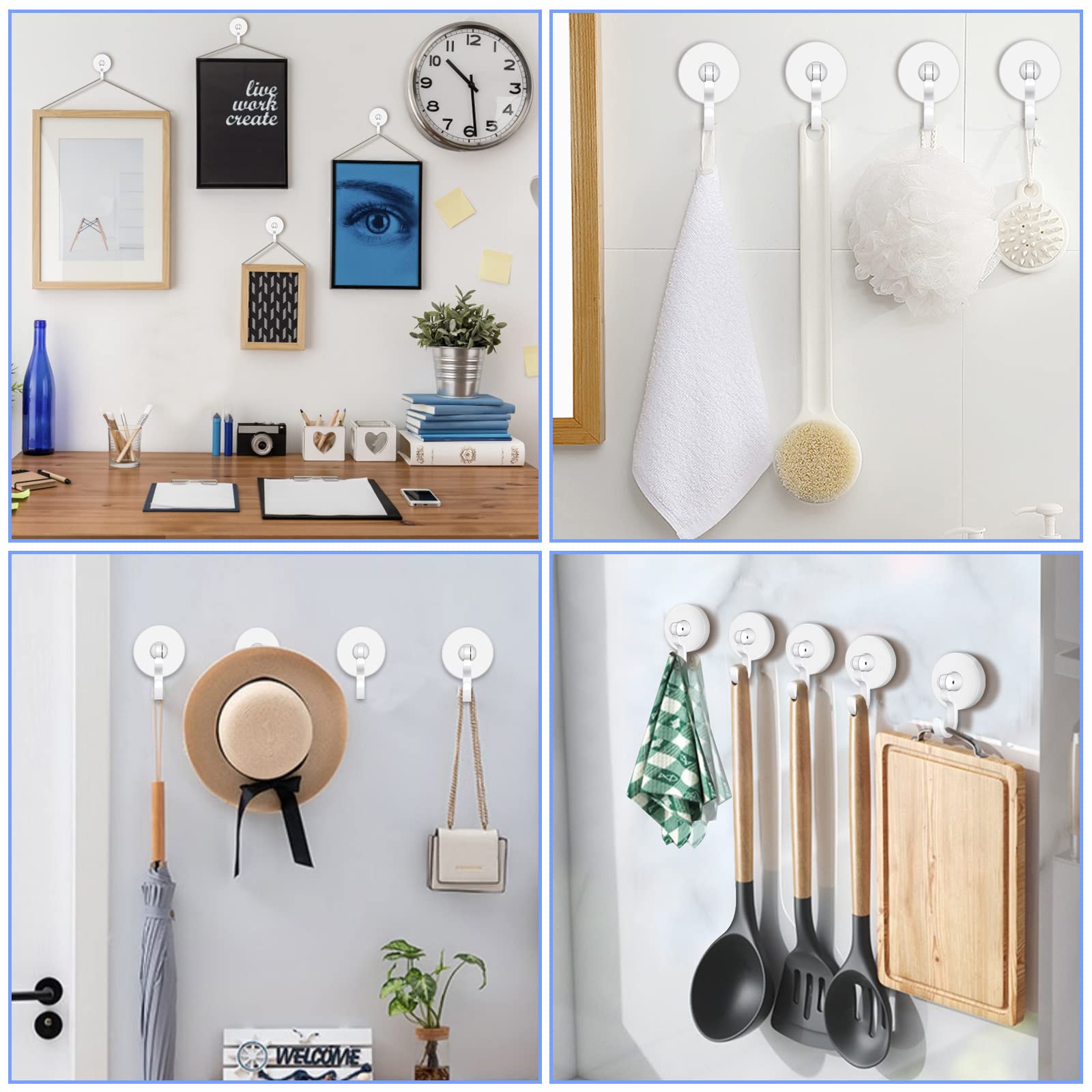 Adhesive Hooks Hanging Ceiling & Wall: Heavy Duty Damage-Free No-Drill Removable Self-Stick Wall Hook 6Pack White Hanger Plants Lights Bags Towels Clothes for Doors Cabinets Showers Bathrooms