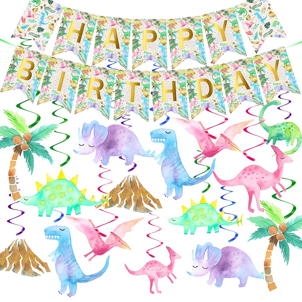 Girls Dinosaur Birthday Party Decorations, Pink Dinosaur Party Supplies, Girls Dino Party Banner and Hanging Swirls