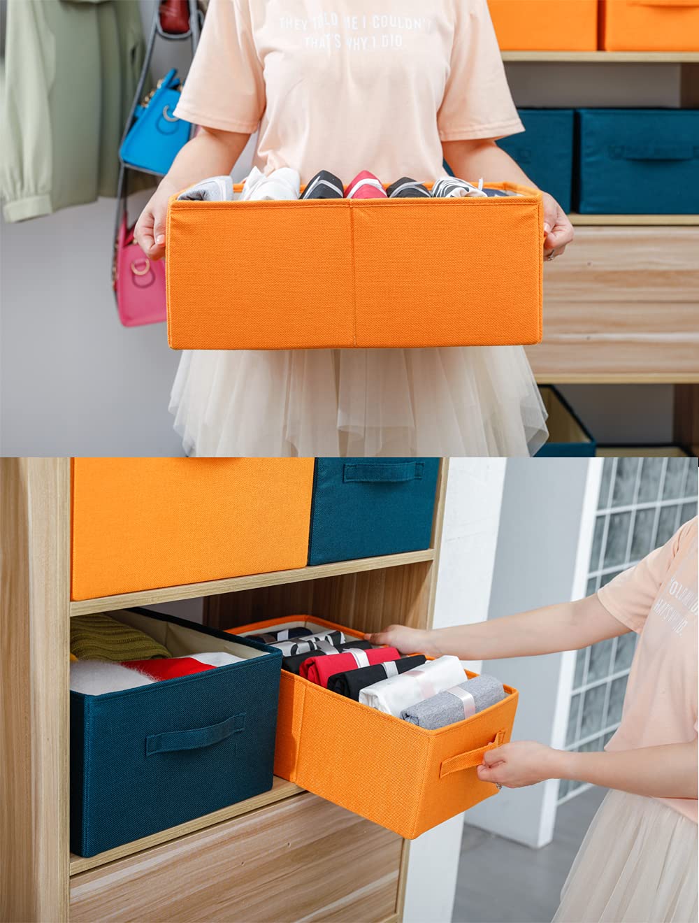 ALYER Collapsible Fabric Storage Organizer with Handles ,Shelf Bins Box Container for Bedroom Office Closet Babies Nursery Toys Books Clothes (Orange)