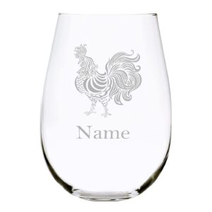 rooster with name stemless wine glass, 17 oz.