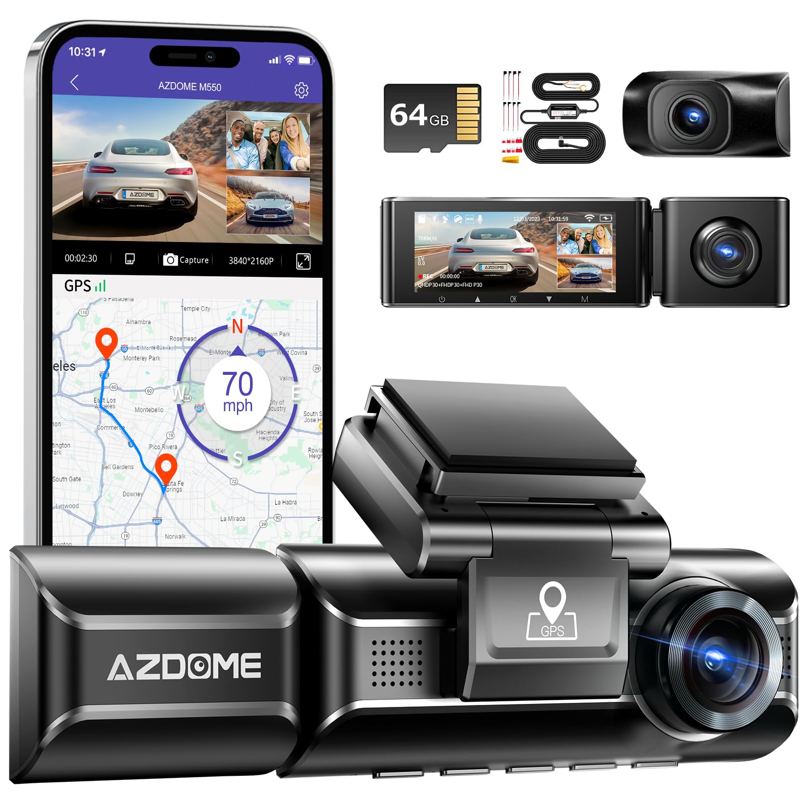 AZDOME M550 3 Channel Dash Cam with 3-Lead Mini USB Hardwire Kit (JYX02)