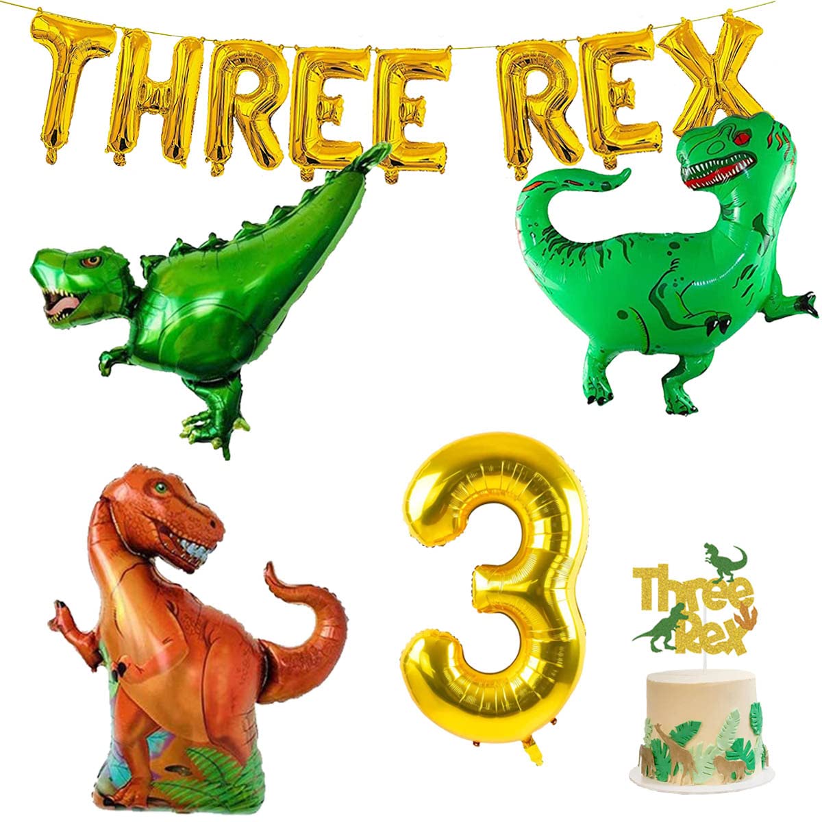 Three Dino Rex Birthday Party Decorations, Three Inspired Rex Letter Balloon T-Rex Dinosaur 3 Cake Topper for 3 Year Old Birthday Party Decorations,Boys Dinosaur Birthday Party Supplies