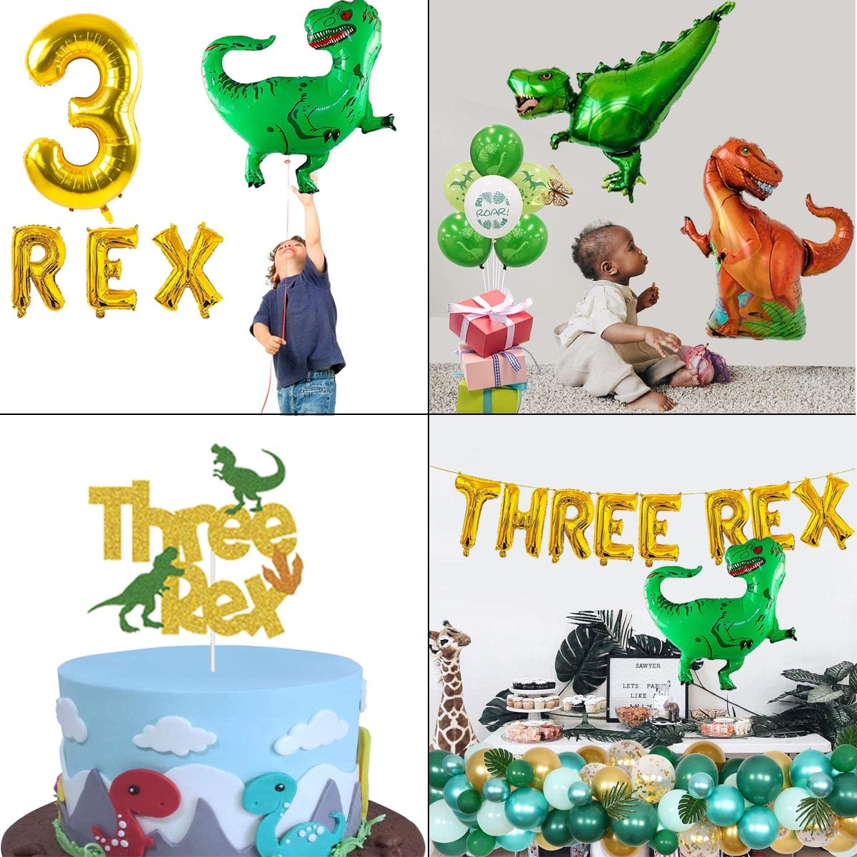 Three Dino Rex Birthday Party Decorations, Three Inspired Rex Letter Balloon T-Rex Dinosaur 3 Cake Topper for 3 Year Old Birthday Party Decorations,Boys Dinosaur Birthday Party Supplies