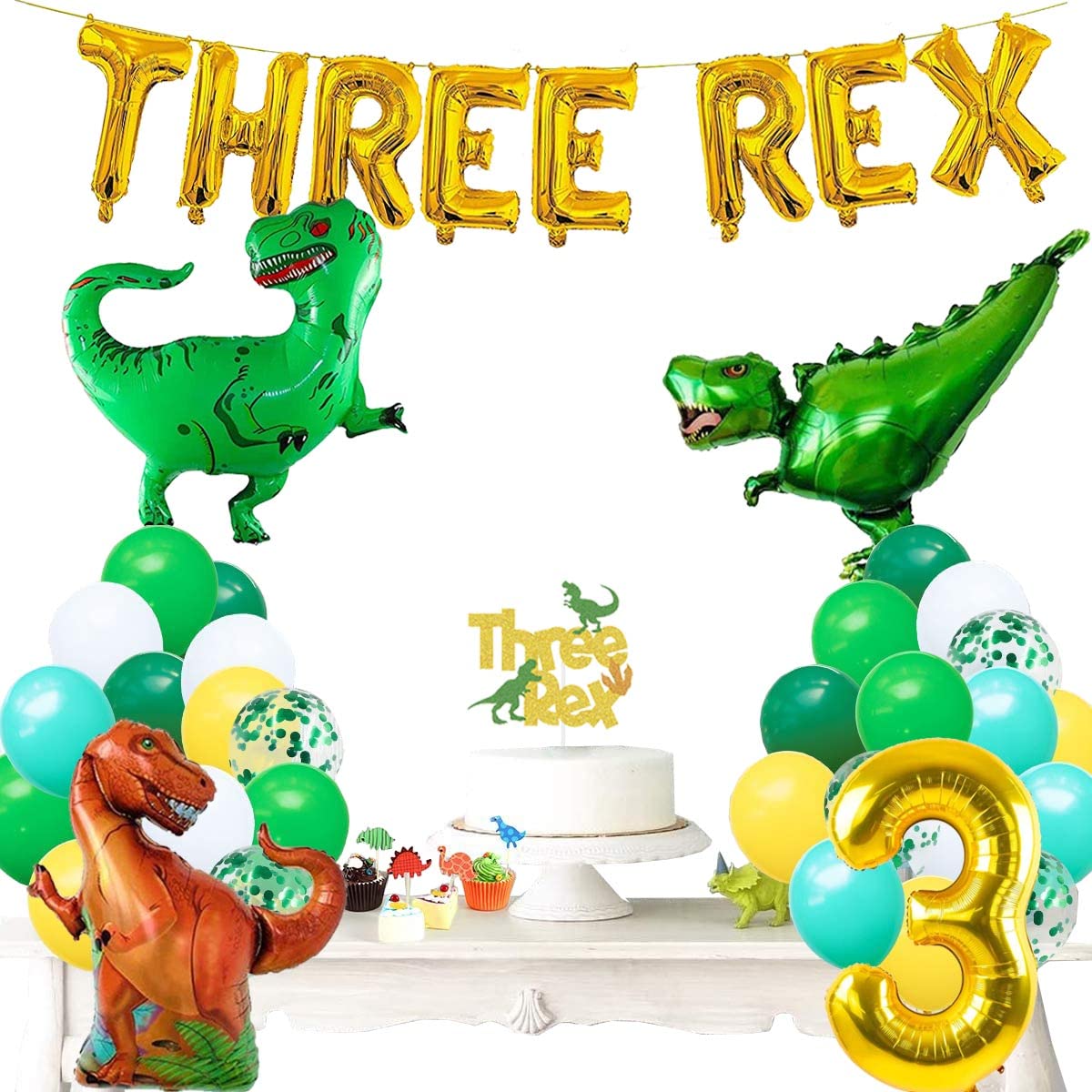 Three Dino Rex Birthday Party Decorations, Three Inspired Rex Letter Balloon T-Rex Dinosaur 3 Cake Topper for 3 Year Old Birthday Party Decorations,Boys Dinosaur Birthday Party Supplies