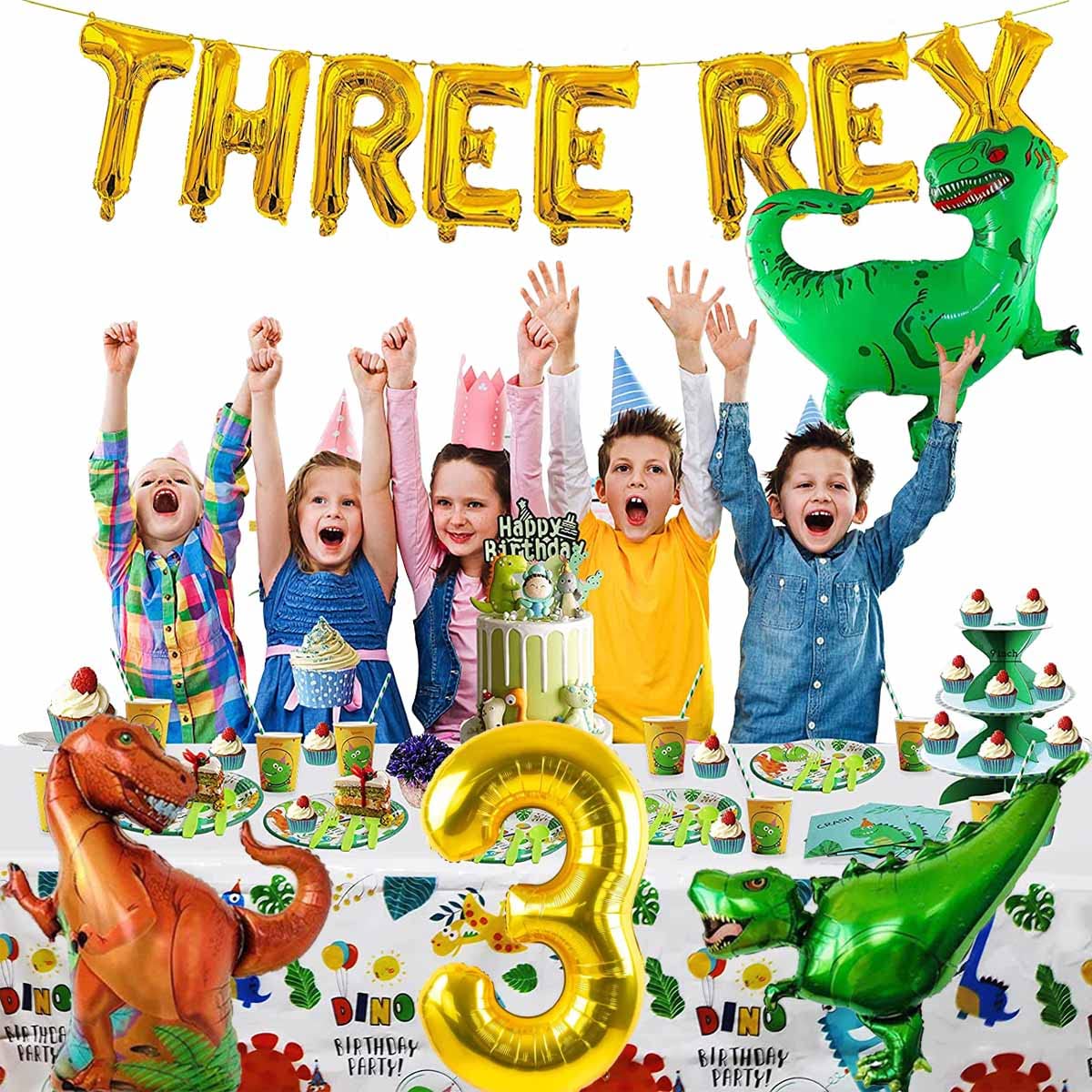 Three Dino Rex Birthday Party Decorations, Three Inspired Rex Letter Balloon T-Rex Dinosaur 3 Cake Topper for 3 Year Old Birthday Party Decorations,Boys Dinosaur Birthday Party Supplies