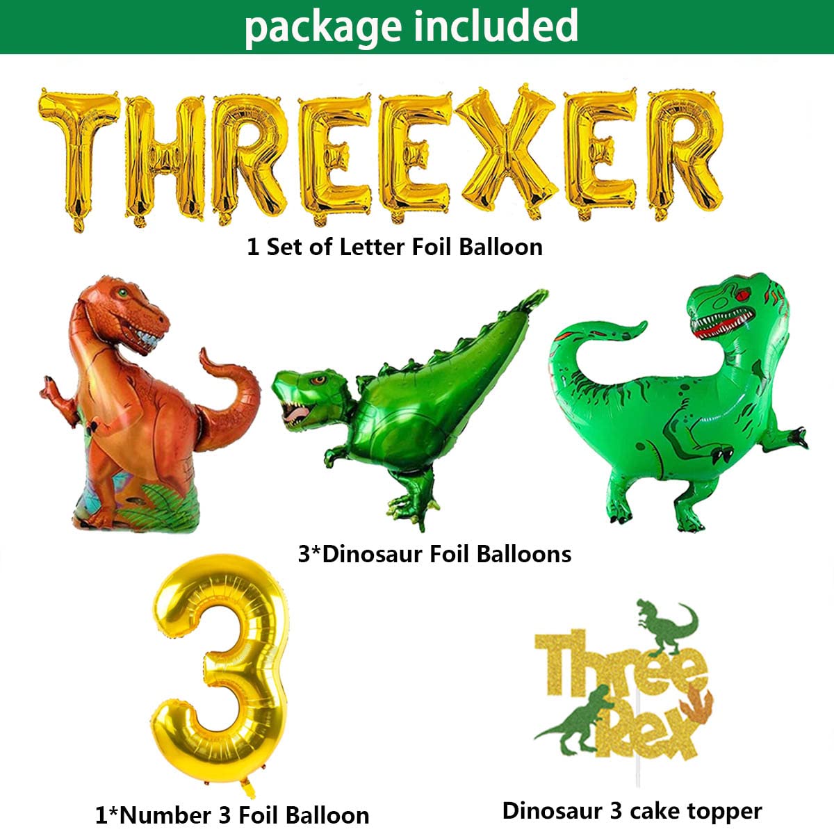 Three Dino Rex Birthday Party Decorations, Three Inspired Rex Letter Balloon T-Rex Dinosaur 3 Cake Topper for 3 Year Old Birthday Party Decorations,Boys Dinosaur Birthday Party Supplies