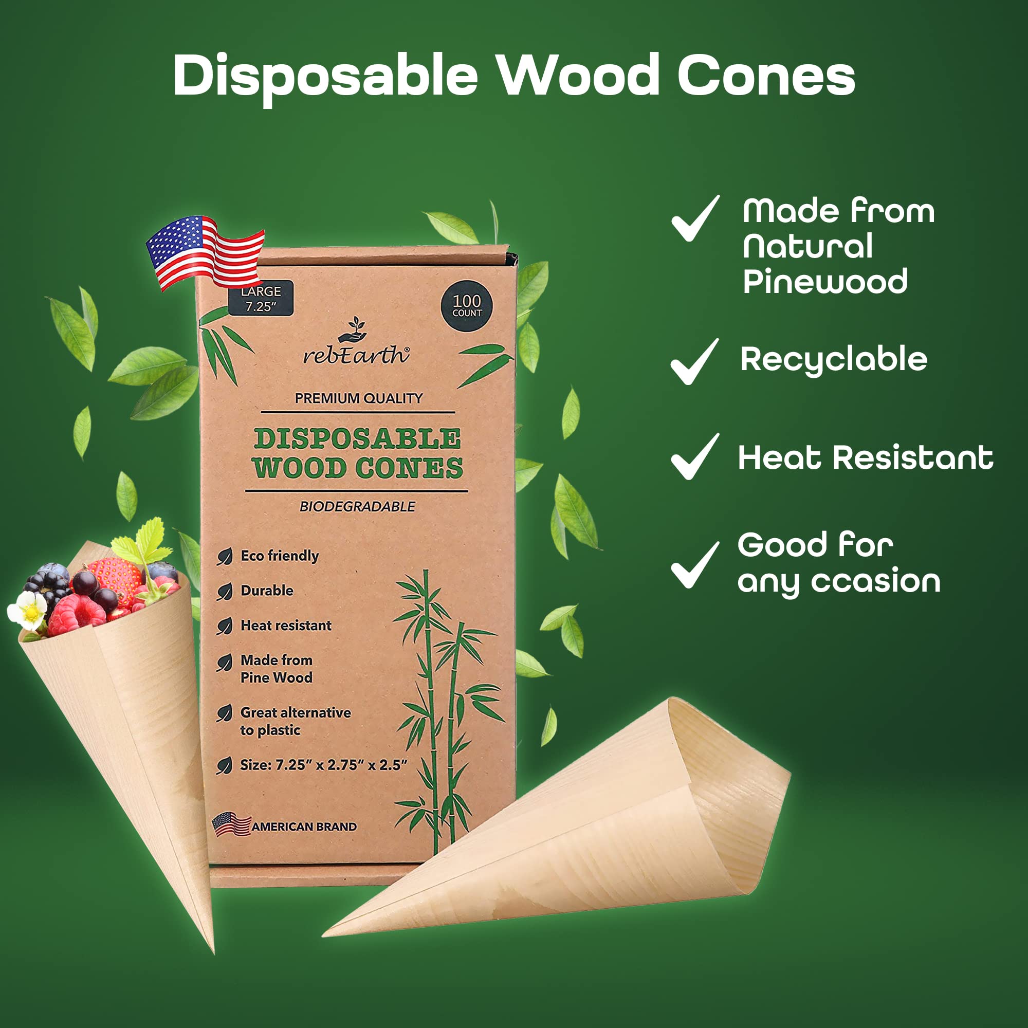 rebEarth Disposable Wood Cones - Heat Resistant Cones for Charcuterie Food, Appetizers & Snacks - Pinewood Cone Cups for Party Food Display, Alternative to Plastic - Small Wooden Cones, 5" 100 Count