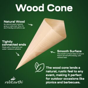 rebEarth Disposable Wood Cones - Heat Resistant Cones for Charcuterie Food, Appetizers & Snacks - Pinewood Cone Cups for Party Food Display, Alternative to Plastic - Small Wooden Cones, 5" 100 Count