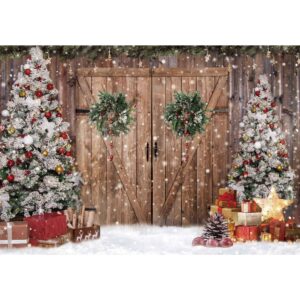 felortte 10x8ft polyester fabric winter christmas rustic barn wood door photography backdrop xmas tree snow gifts decor background banner for family holiday party supplies photo studio props pictures