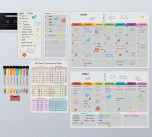 hivillexun magnetic dry erase calendar whiteboard set (5-pack) - includes meal planner, conversion chart, family menu organizer, shopping list, and daily schedule - 8 markers and 1 eraser