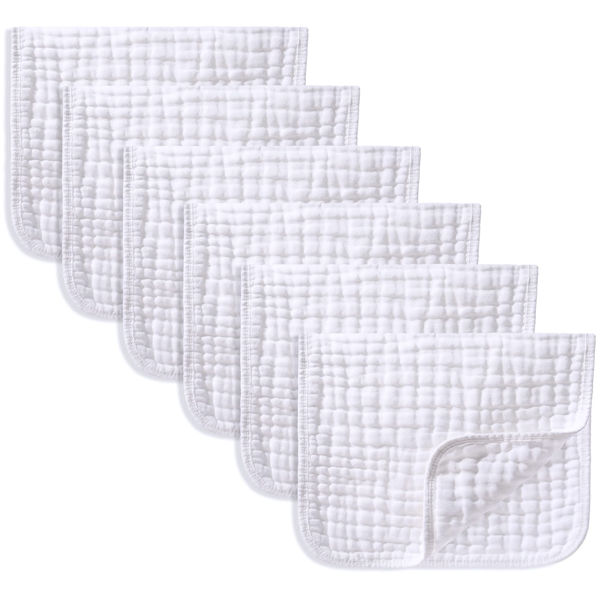 Yoofoss Muslin Burp Cloths 6 Pack Baby Washcloths Large 20''X10'' 100% Cotton 6 Layers Super Soft and Absorbent - White