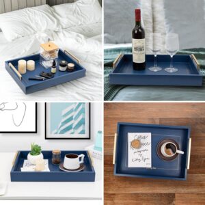 Decorative Coffee Table Ottoman Trays Modern Wood Elegant 16"x12" Rectangle Glossy Shagreen Serving Trays with Champagne Gold Handles -Drinks, Liquor Serving Platter for All Occasion's(Blue)