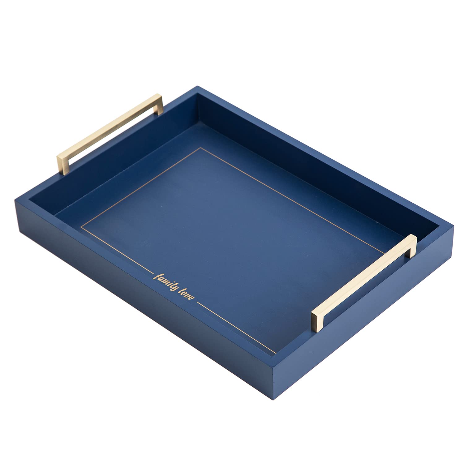 Decorative Coffee Table Ottoman Trays Modern Wood Elegant 16"x12" Rectangle Glossy Shagreen Serving Trays with Champagne Gold Handles -Drinks, Liquor Serving Platter for All Occasion's(Blue)